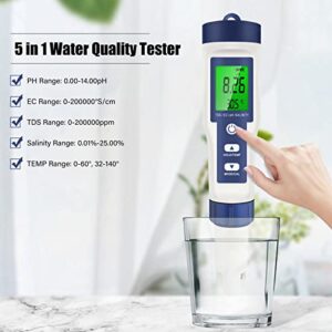 Digital Water Detector, PH Salinity Temp TDS EC High Accuracy Water Quality Tester Stable Measuring with Button Battery for Laboratory