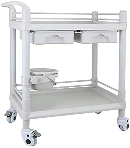 Medical Cart Kitchen Trolley Cart Island Rolling Serving Carts Salon SPA Beauty Hairdressing Rolling Trolley Cart with 2 Drawer and Adjustable Dirt Bucket | ABS Hospital Cart for Laboratory, Beauty Sa