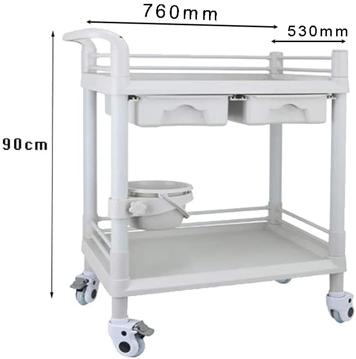 Medical Cart Kitchen Trolley Cart Island Rolling Serving Carts Salon SPA Beauty Hairdressing Rolling Trolley Cart with 2 Drawer and Adjustable Dirt Bucket | ABS Hospital Cart for Laboratory, Beauty Sa