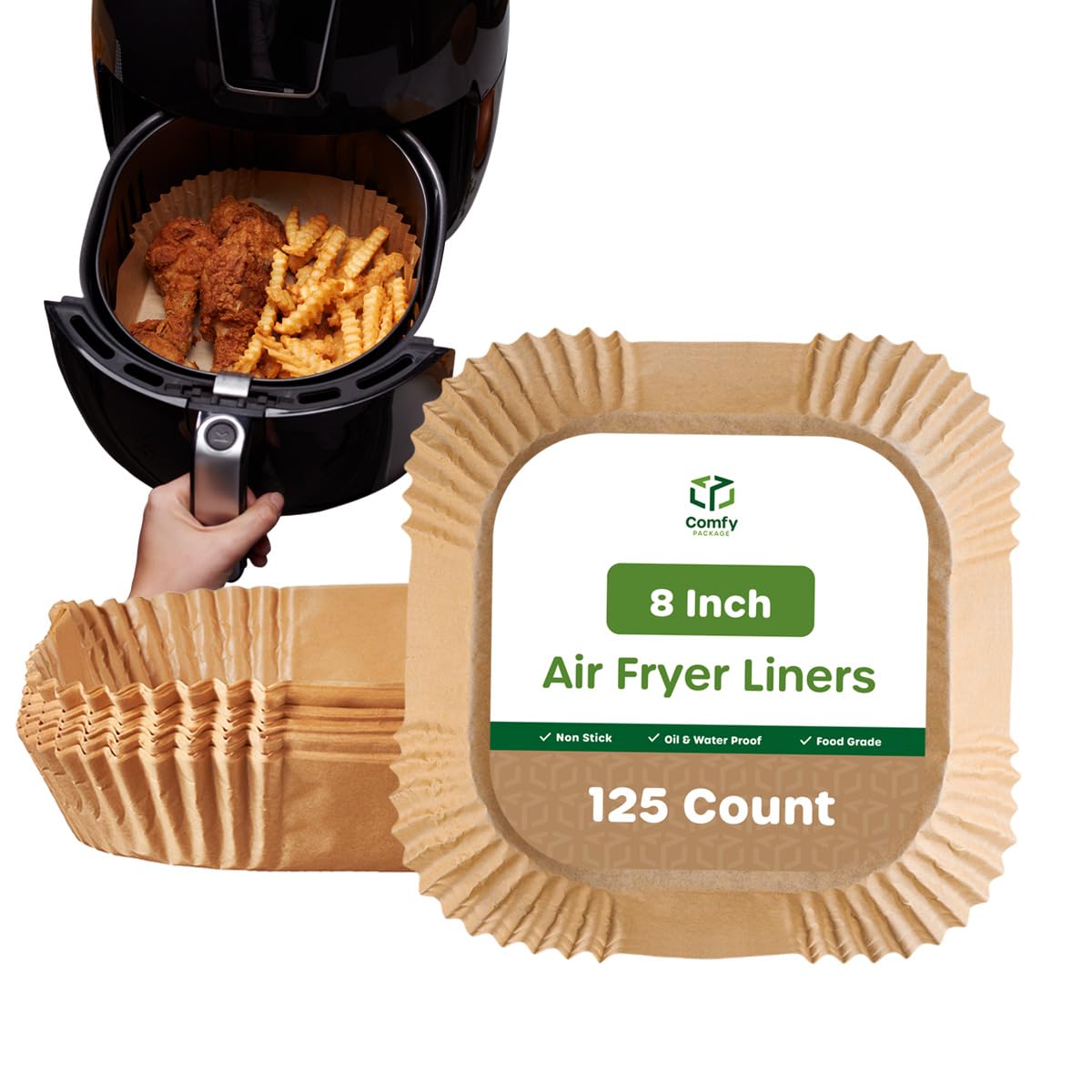 [125 Count] 8 Inch Disposable Square Air Fryer Liners, Non-Stick Parchment Paper Liners, Waterproof, Oil Resistance - Kraft