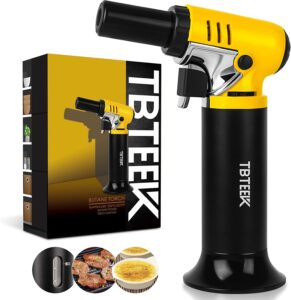 tbteek butane torch with fuel gauge, one-hand operation kitchen torch lighter with adjustable flame for bbq, baking, brulee creme, crafts and soldering(butane gas not included)