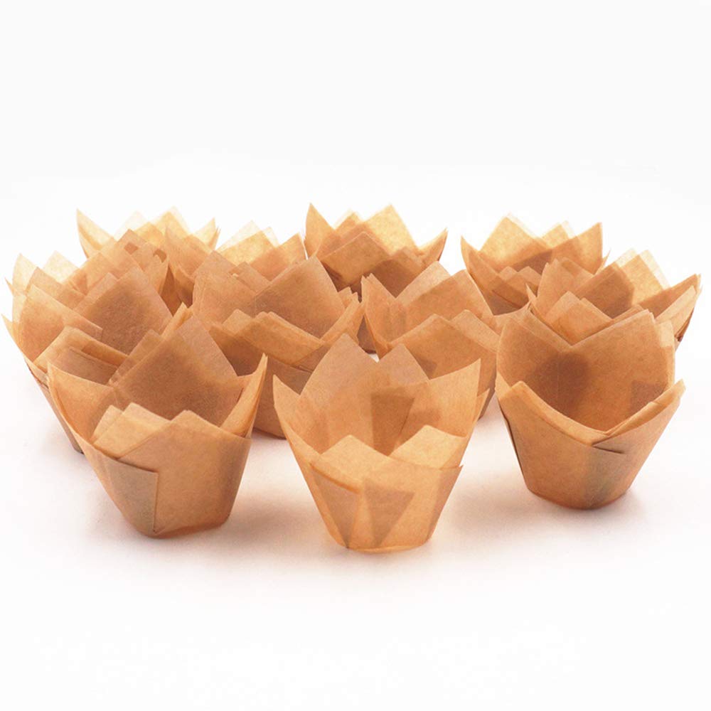 STARUBY 150pcs Tulip Cupcake Liners Natural Baking Cups Muffin Paper Liner Grease-Proof Wrappers for Wedding, Birthday Party, Standard Size, Natural Color