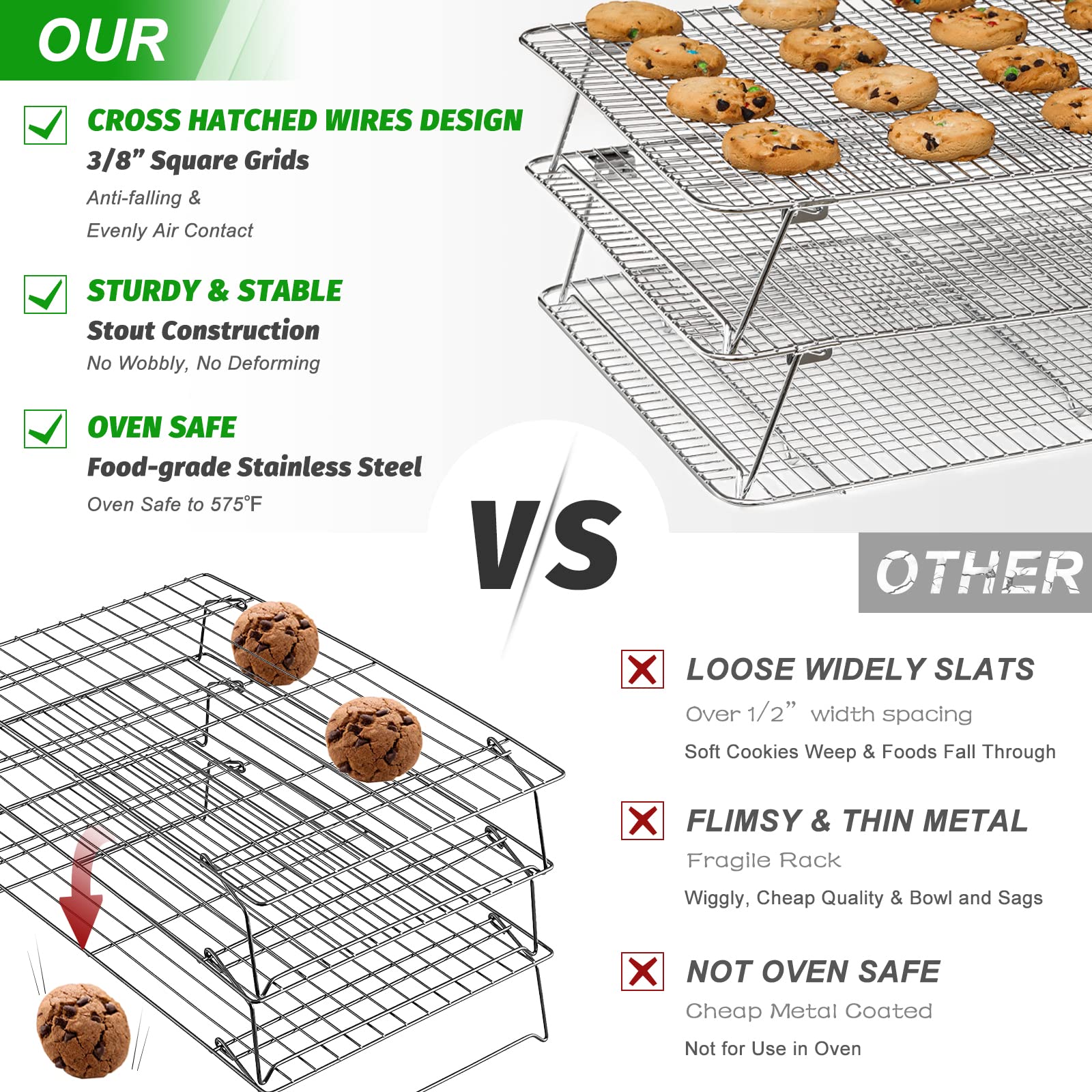 HIWARE Stainless Steel Stackable Cooling Rack for Baking, 3 Tier 12”x 16.5”,Oven & Dishwasher Salf and Fit Half Sheet,Wire Cooling Racks for Cookie, Pizza, Cake