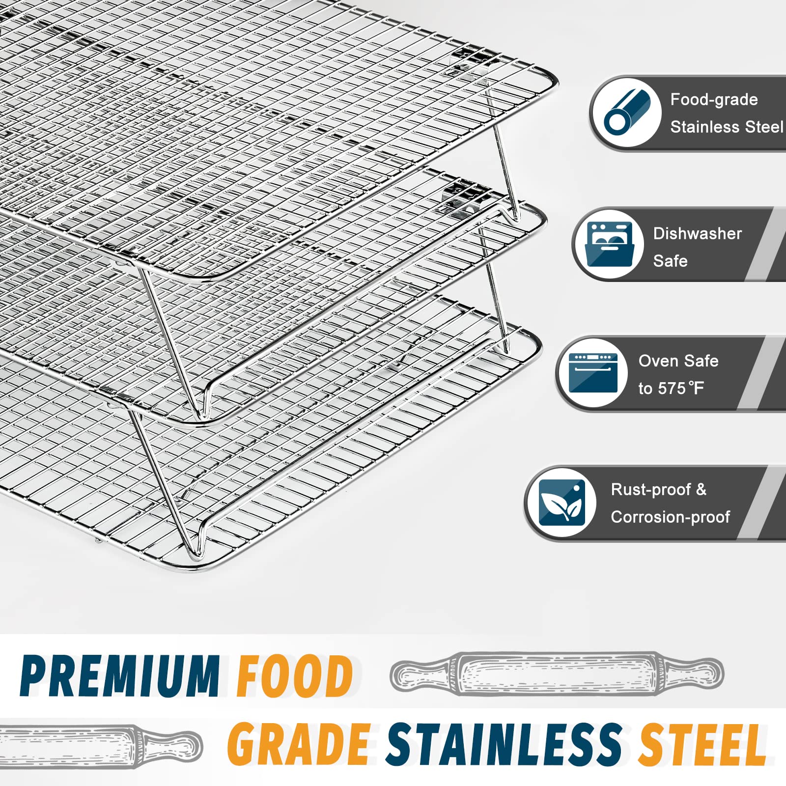 HIWARE Stainless Steel Stackable Cooling Rack for Baking, 3 Tier 12”x 16.5”,Oven & Dishwasher Salf and Fit Half Sheet,Wire Cooling Racks for Cookie, Pizza, Cake