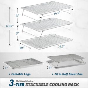 HIWARE Stainless Steel Stackable Cooling Rack for Baking, 3 Tier 12”x 16.5”,Oven & Dishwasher Salf and Fit Half Sheet,Wire Cooling Racks for Cookie, Pizza, Cake