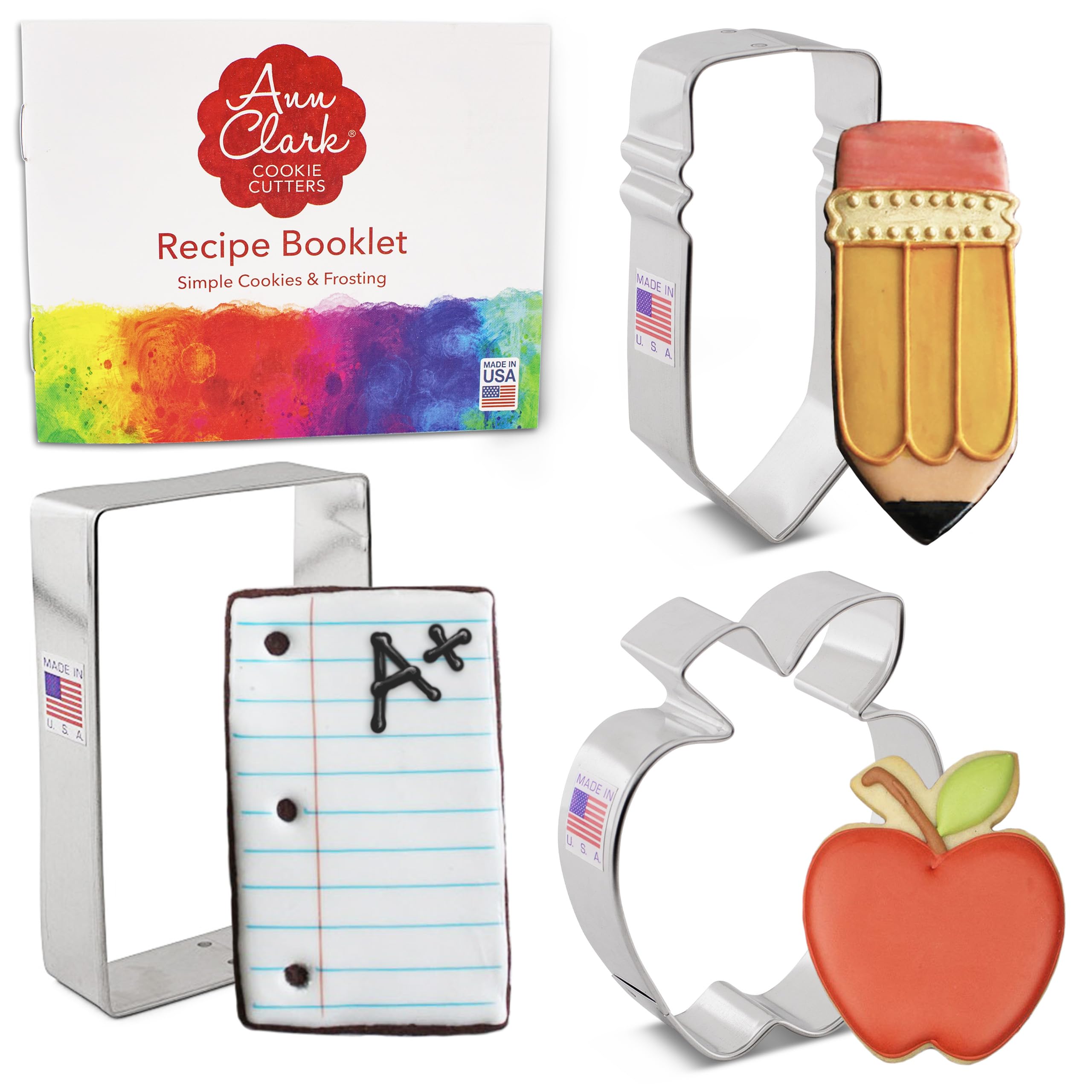 Back to School & Teacher Appreciation Cookie Cutters 3-Pc. Set Made in the USA by Ann Clark, Apple, Pencil, Notebook