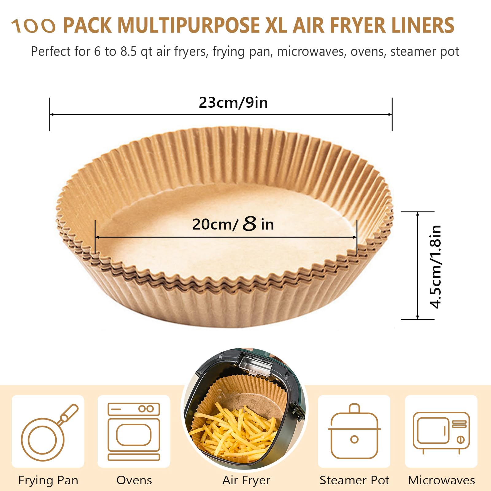 SUREHOME Air Fryer Liners Disposable, Air Fryer Disposable Paper Liner, 100Pcs Airfryer Liners 8 Inch Parchment Paper for Air Fryer Basket 5-8Qt Non-Stick Air Fryer Paper Liners Round Air Fryer Sheets