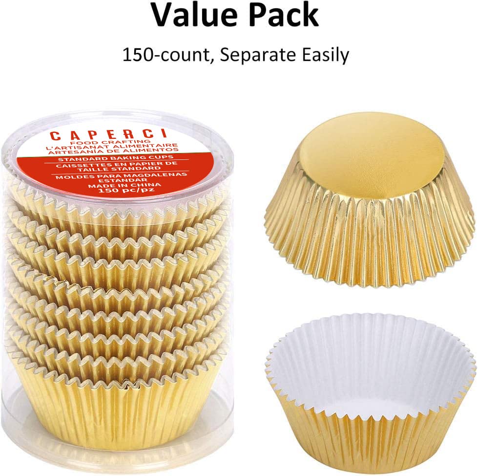 Caperci Standard Cupcake Liners Gold Foil Muffin Baking Cups 150-Pack - Premium Greaseproof & Sturdy Cupcake Papers