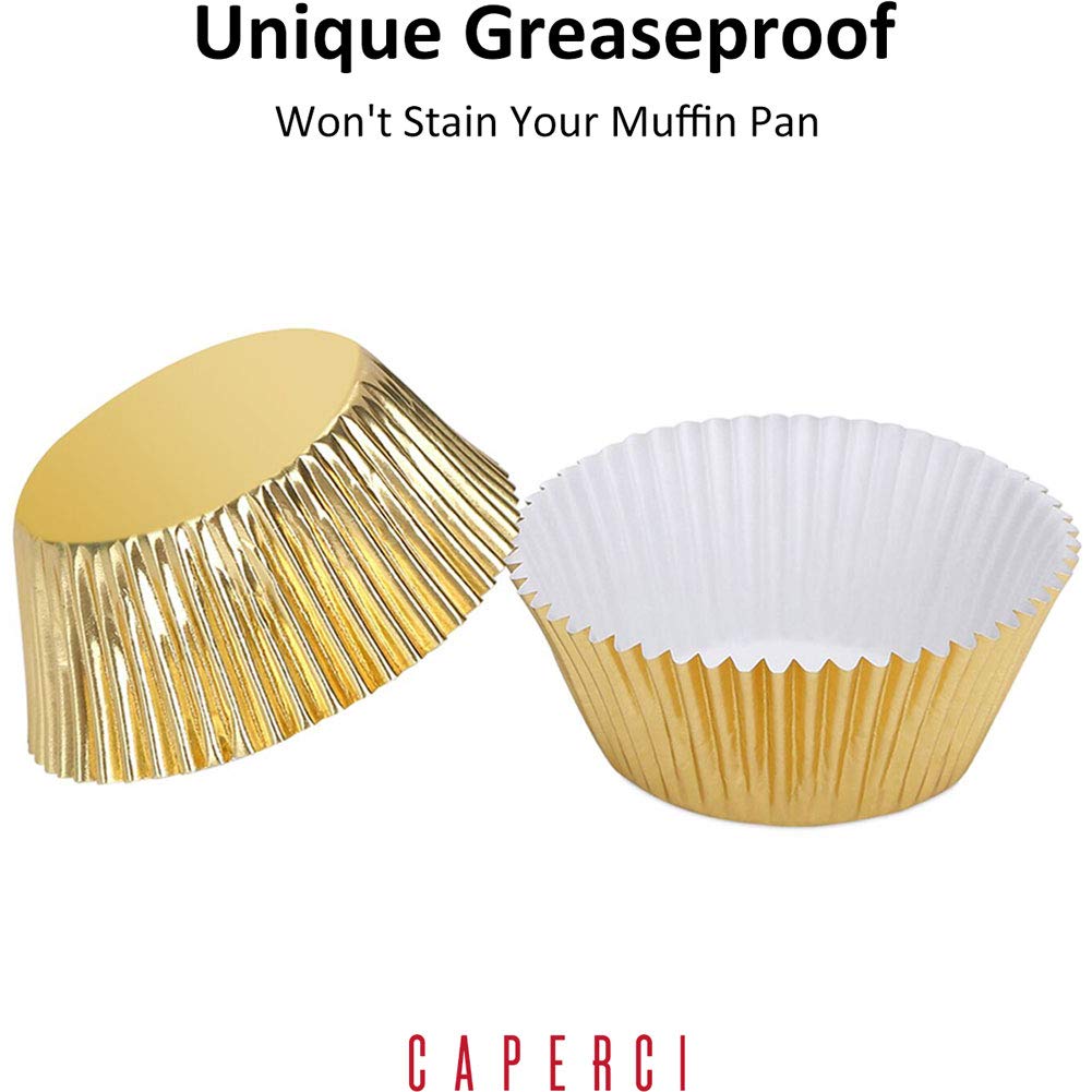 Caperci Standard Cupcake Liners Gold Foil Muffin Baking Cups 150-Pack - Premium Greaseproof & Sturdy Cupcake Papers