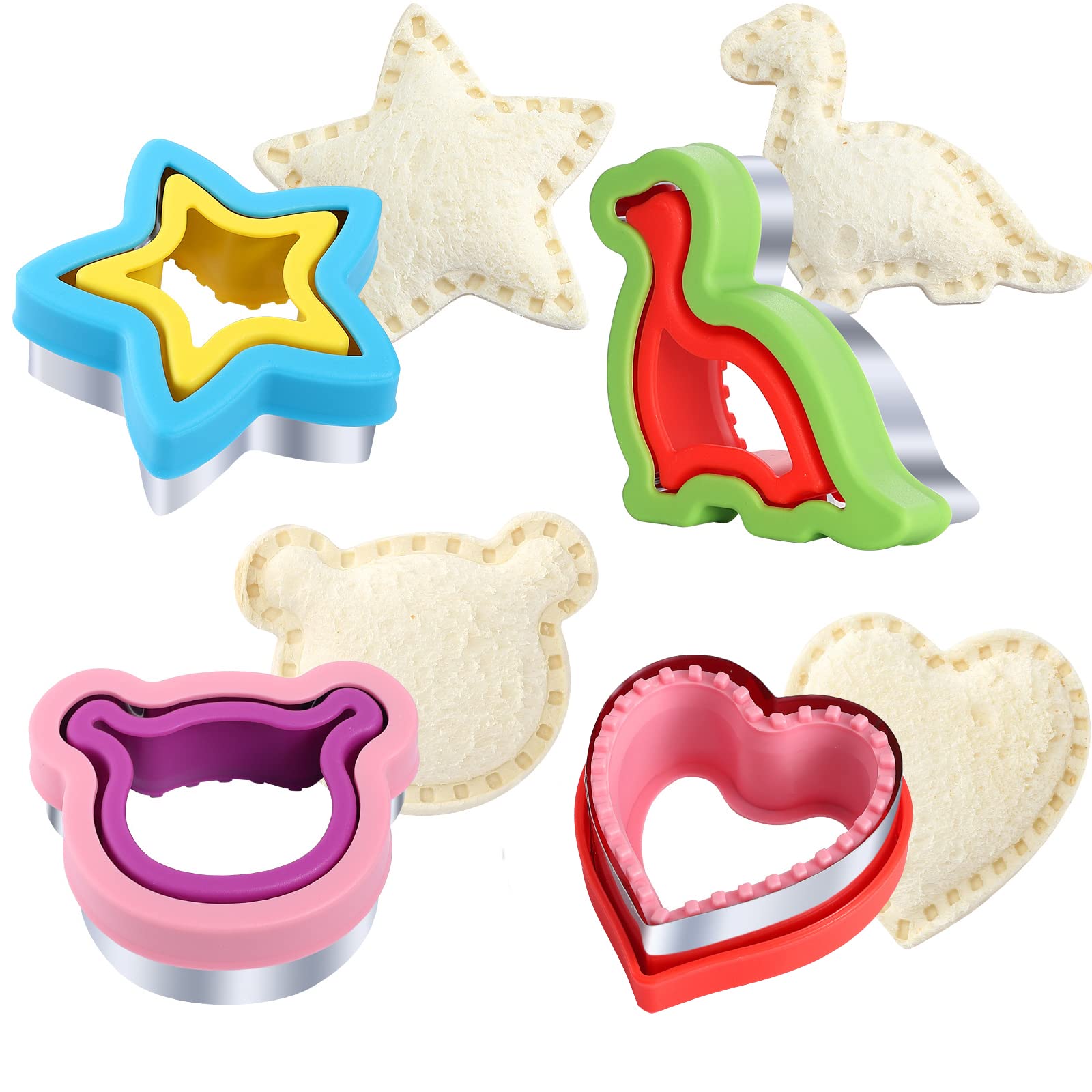 Sandwich Cutter and Sealer Set,4pcs Bread Sandwich Sealer Decruster Maker and DIY Sandwich Cookie Cutters for Kids Bento Box(Including Dinosaur,Heart,Star and Bear)