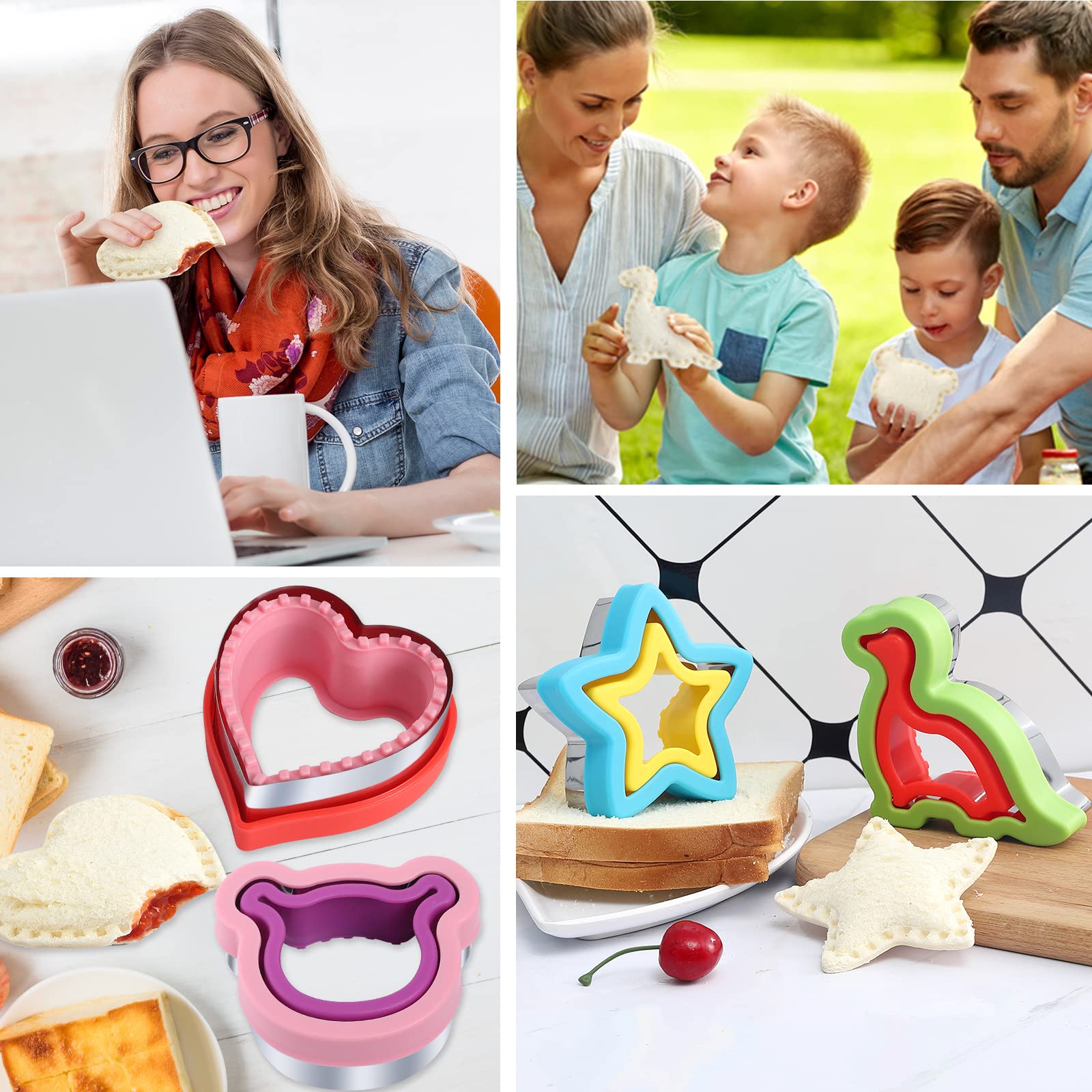 Sandwich Cutter and Sealer Set,4pcs Bread Sandwich Sealer Decruster Maker and DIY Sandwich Cookie Cutters for Kids Bento Box(Including Dinosaur,Heart,Star and Bear)