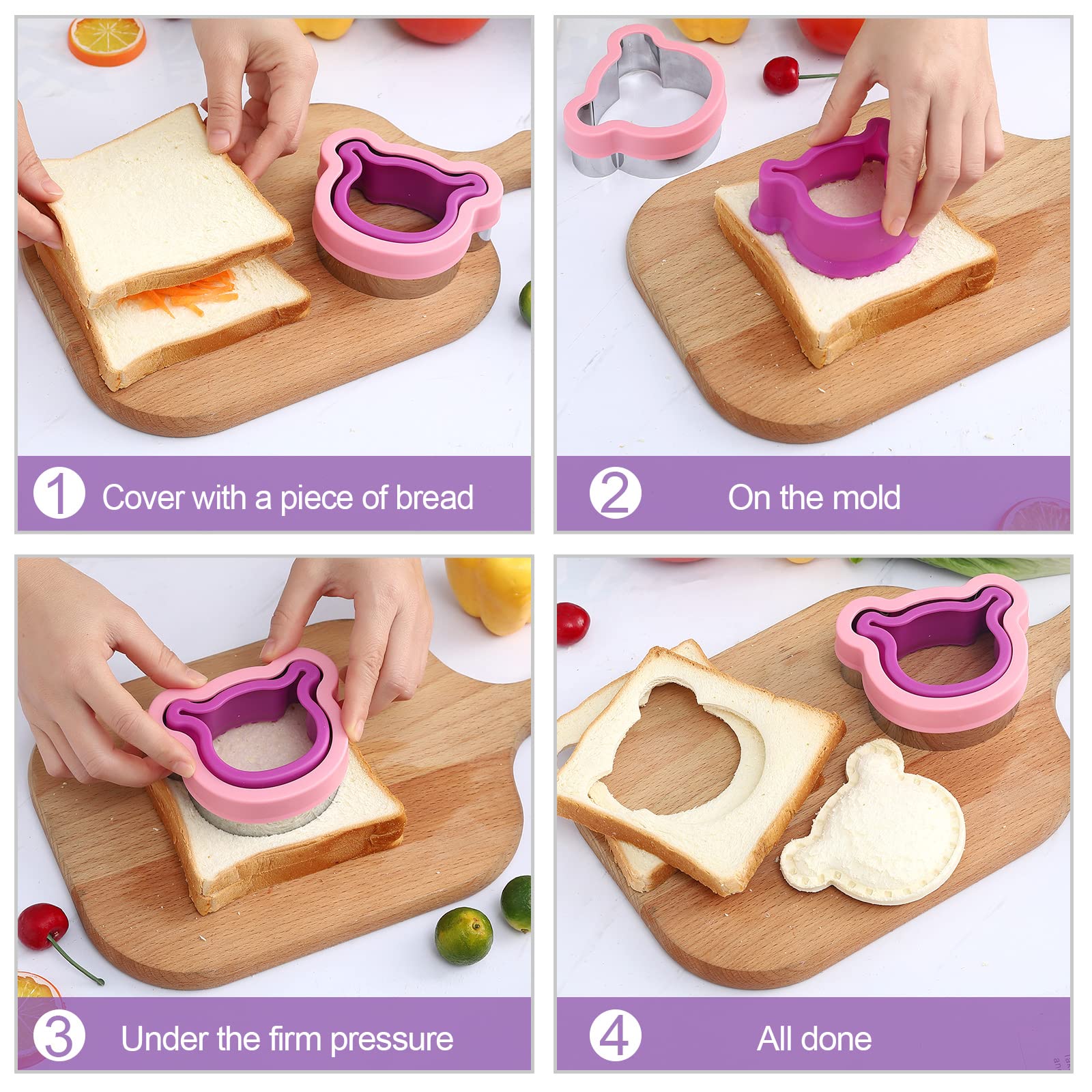 Sandwich Cutter and Sealer Set,4pcs Bread Sandwich Sealer Decruster Maker and DIY Sandwich Cookie Cutters for Kids Bento Box(Including Dinosaur,Heart,Star and Bear)