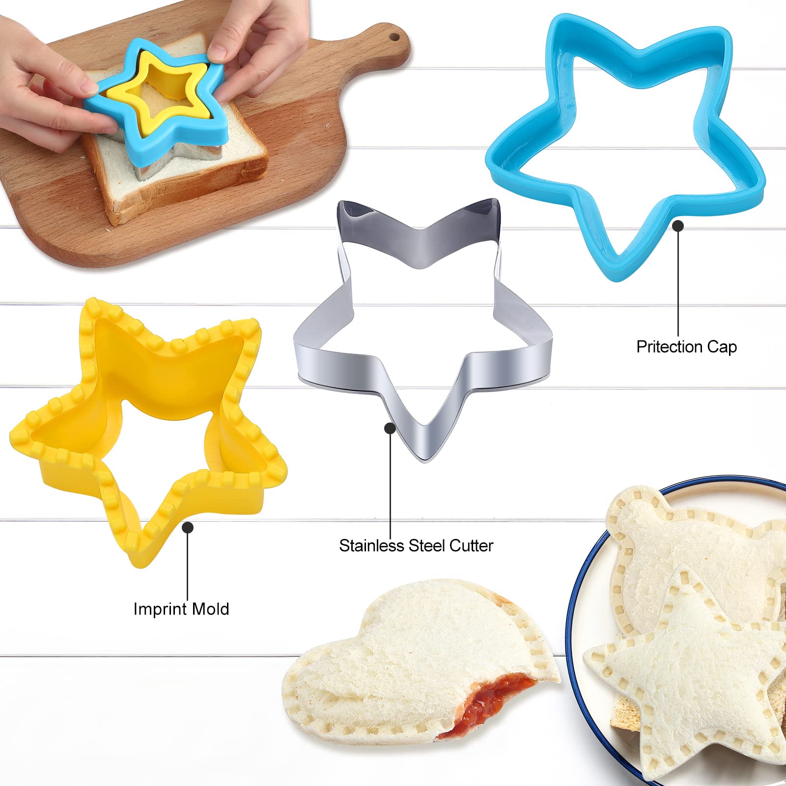 Sandwich Cutter and Sealer Set,4pcs Bread Sandwich Sealer Decruster Maker and DIY Sandwich Cookie Cutters for Kids Bento Box(Including Dinosaur,Heart,Star and Bear)