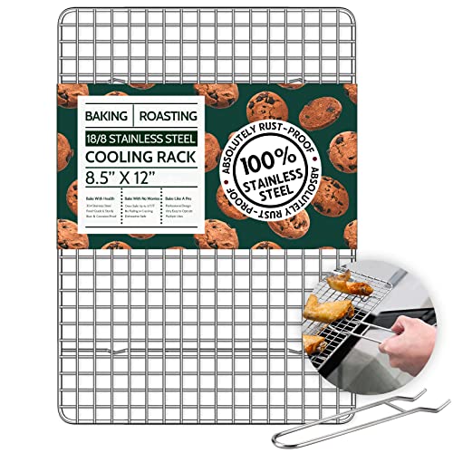 18/8 Stainless Steel, Cooling Rack for Baking with Lifting Handle, 8.5”x 12” Baking Rack, Oven and Dishwasher Safe, Wire Rack for Cooking, Roasting, Grilling, Fits Quarter Sheet Pan