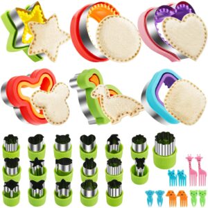 taounoa sandwich cutter set 34pcs, 6pcs sandwich cutter and sealer and 18pcs fruit cutters shapes for kids with 10pcs cute animal forks