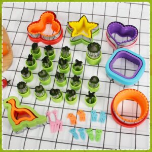 TAOUNOA Sandwich Cutter Set 34pcs, 6pcs Sandwich Cutter and Sealer and 18pcs Fruit Cutters Shapes for kids with 10pcs Cute Animal Forks