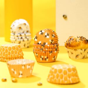 300 Count Honey Bee Cupcake Wrappers Bee Party Cupcake Cups Yellow Cupcake Liners for Bee Party Decorations Baby Shower Gender Reveal Party Wedding Birthday Supplies (Cute Style)