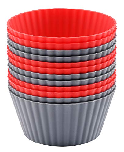 Mirenlife 12 Pack Reusable Nonstick Jumbo Silicone Baking Cups, Cupcake and Muffin Liners, 3.8 Inch Large Size, Red and Gray Colors, Round