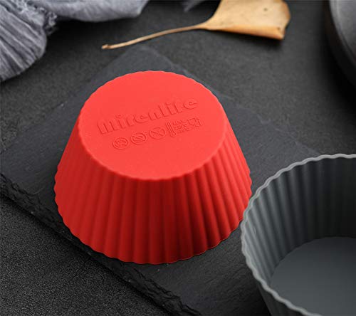 Mirenlife 12 Pack Reusable Nonstick Jumbo Silicone Baking Cups, Cupcake and Muffin Liners, 3.8 Inch Large Size, Red and Gray Colors, Round