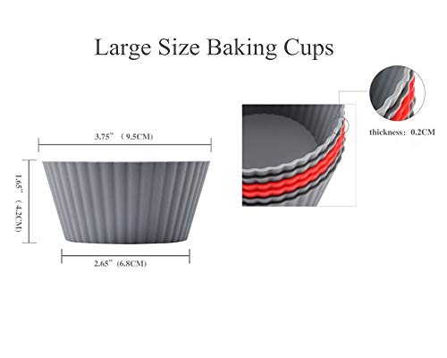 Mirenlife 12 Pack Reusable Nonstick Jumbo Silicone Baking Cups, Cupcake and Muffin Liners, 3.8 Inch Large Size, Red and Gray Colors, Round