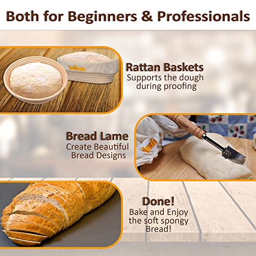 Set of 2 Banneton Bread Proofing Basket 9” Round, 10” Oval with Maximum 9 Bread Making Tools and Supplies by SMILLWALA Proofing Baskets for Sourdough Bread Baking Supplies Kit (Oval and Round)