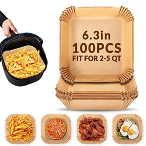 suhsai square air fryer liners, 100 pcs reusable parchment paper liners for airfryer, microwave oven, 6.3-inch baking sheet, oil-proof, greaseproof, disposable baking paper, airfryer paper liners