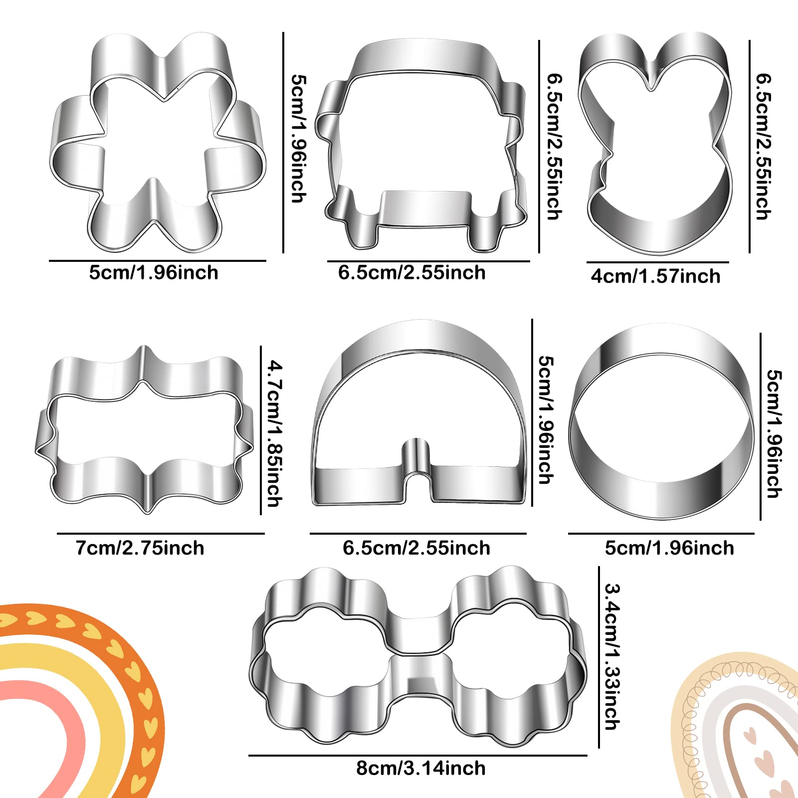 7 Pcs Mini Two Groovy Cookie Cutters Set, Hippie Cookie Cutter Peace Cookie Molds Stainless Steel Biscuit Cutter DIY, Small Flower Rainbow Sunglasses Bus Baking Molds Party Supplies for Kitchen Baking