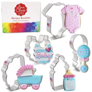 baby shower cookie cutters 5-pc. set made in the usa by ann clark, onesie, bib, rattle, baby bottle, baby carriage