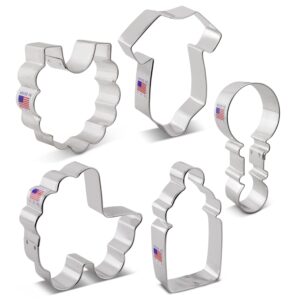 Baby Shower Cookie Cutters 5-Pc. Set Made in the USA by Ann Clark, Onesie, Bib, Rattle, Baby Bottle, Baby Carriage