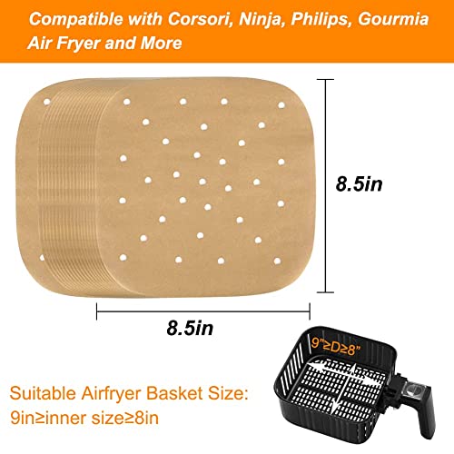 Air Fryer Parchment Paper, Set of 200, 8.5 inch Unbleached Square Air Fryer Liners/Air Fryer Sheets/Perforated Parchment for Air Fryer, Steaming Basket and More(7.5/8.5/9.5in Available)