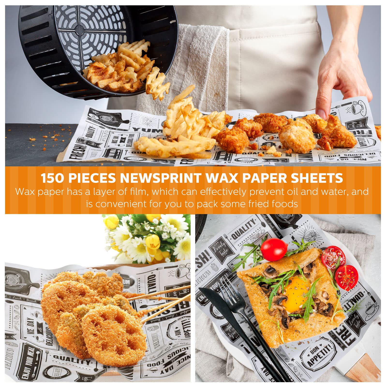 Newsprint Wax Paper Sheets Newspaper Theme Food Wrap Paper Grease Resistant Tray Liners Waterproof Wrapping Tissue Food Picnic Paper for Home Kitchen Baking Hamburger（White Background,150 Pieces）