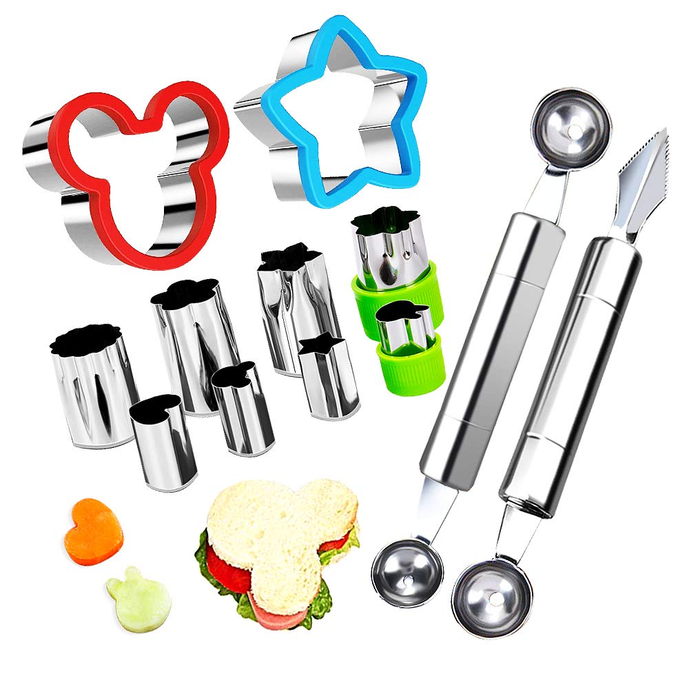 Fruit Vegetable Cutter Shapes Set, Mini Pie and Cookie Stamps Mold(8 pcs) with Melon Baller Scoop ＆ Carving Knife, Stainless Steel, DIY Fun Food Decorating Tools cookie cutter for Kitchen