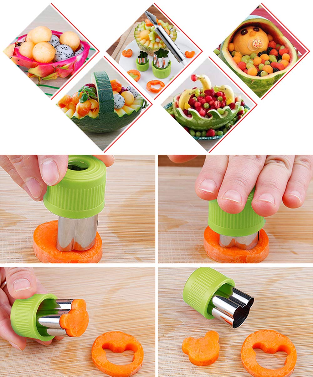 Fruit Vegetable Cutter Shapes Set, Mini Pie and Cookie Stamps Mold(8 pcs) with Melon Baller Scoop ＆ Carving Knife, Stainless Steel, DIY Fun Food Decorating Tools cookie cutter for Kitchen