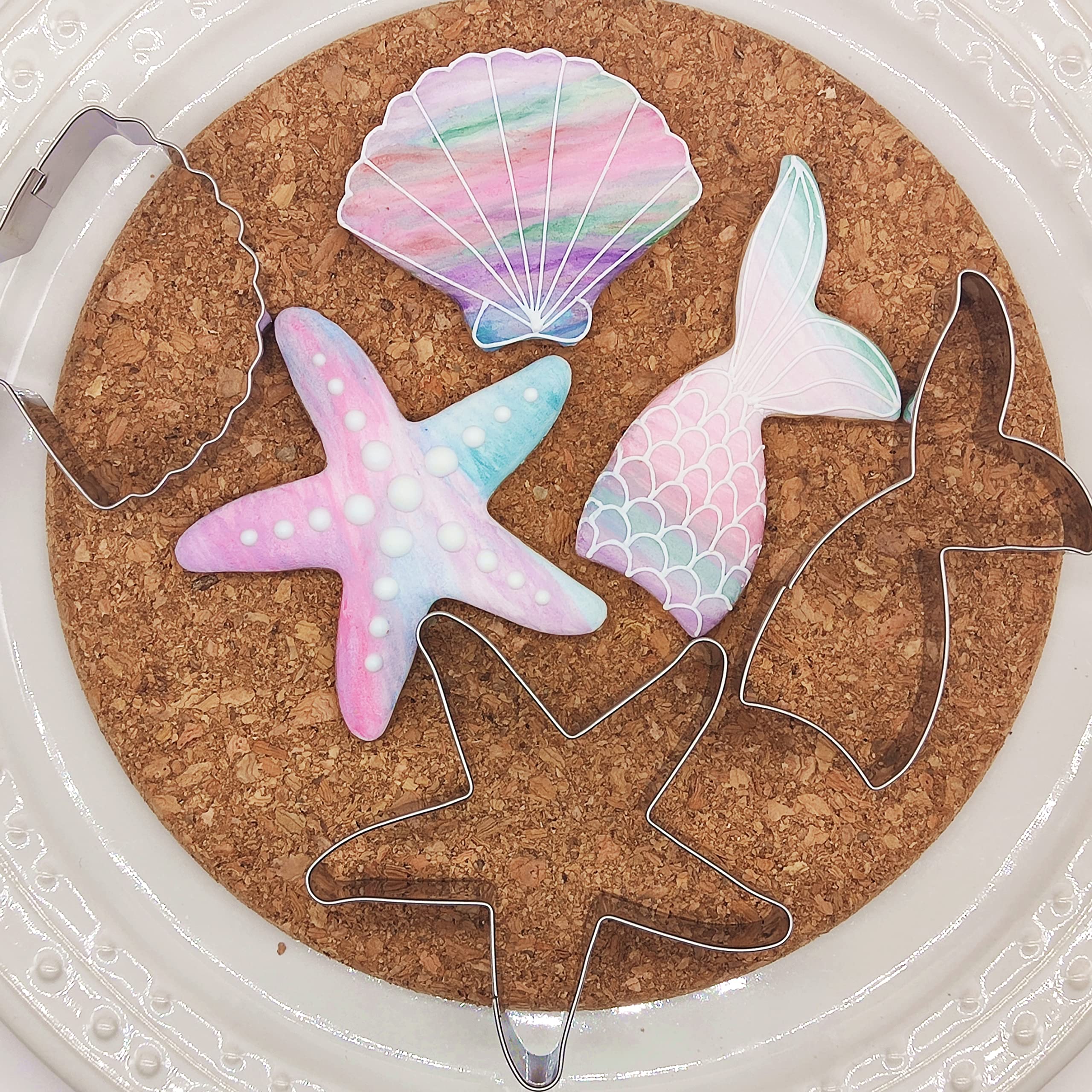 Q-BAKER Mermaid Cookie Cutters,Mermaid tail, Starfish, Seashell-Stainless Steel Holiday Cookie Cutters Shapes for Baking Gift