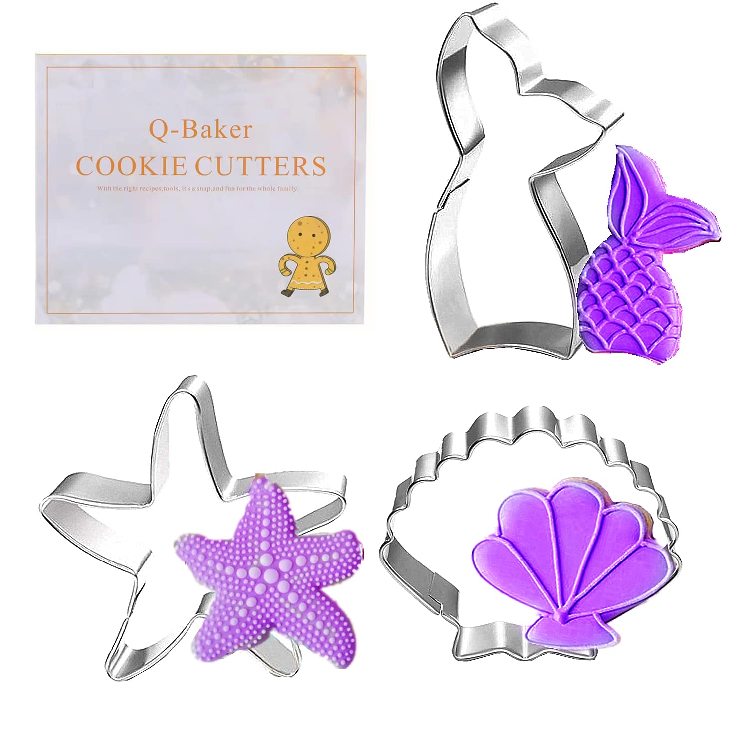 Q-BAKER Mermaid Cookie Cutters,Mermaid tail, Starfish, Seashell-Stainless Steel Holiday Cookie Cutters Shapes for Baking Gift