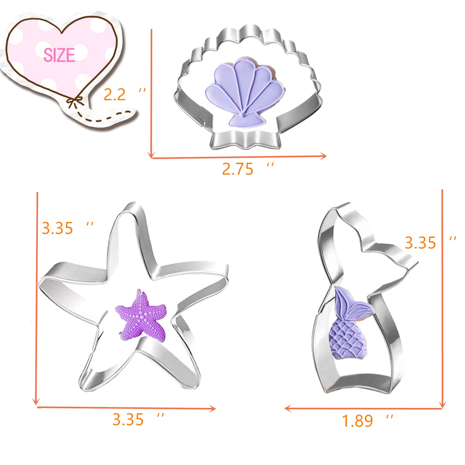 Q-BAKER Mermaid Cookie Cutters,Mermaid tail, Starfish, Seashell-Stainless Steel Holiday Cookie Cutters Shapes for Baking Gift