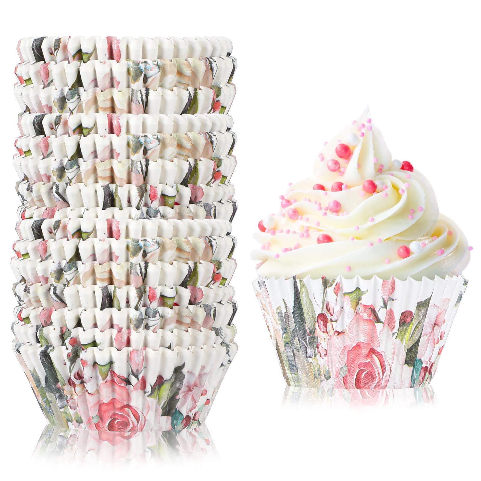 300 Counts Floral Cupcake Liners Floral Cupcake Wrappers Baking Cups Baking Liners Holders for Baby Shower Wedding Bridal Showers Birthday Party Decorations