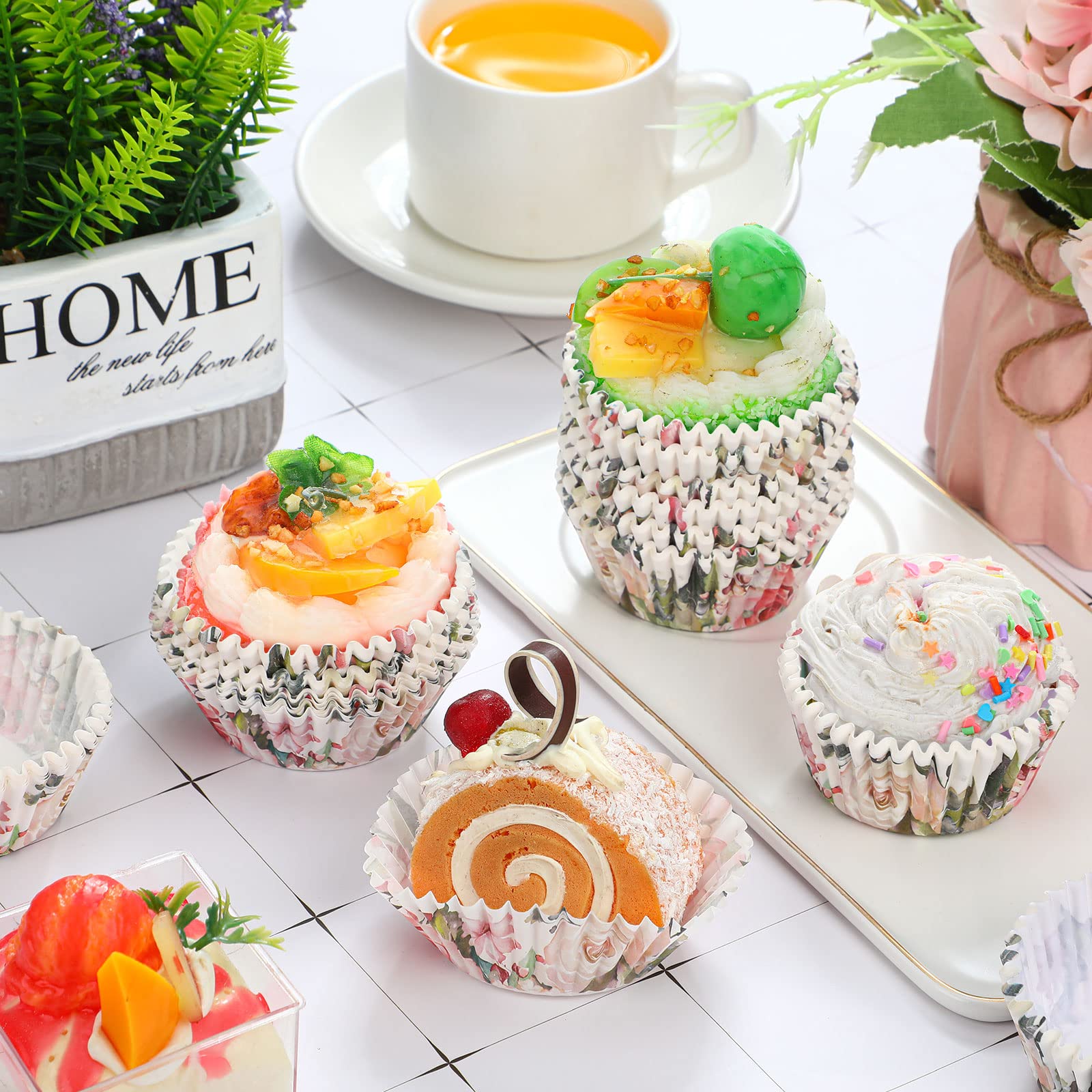 300 Counts Floral Cupcake Liners Floral Cupcake Wrappers Baking Cups Baking Liners Holders for Baby Shower Wedding Bridal Showers Birthday Party Decorations