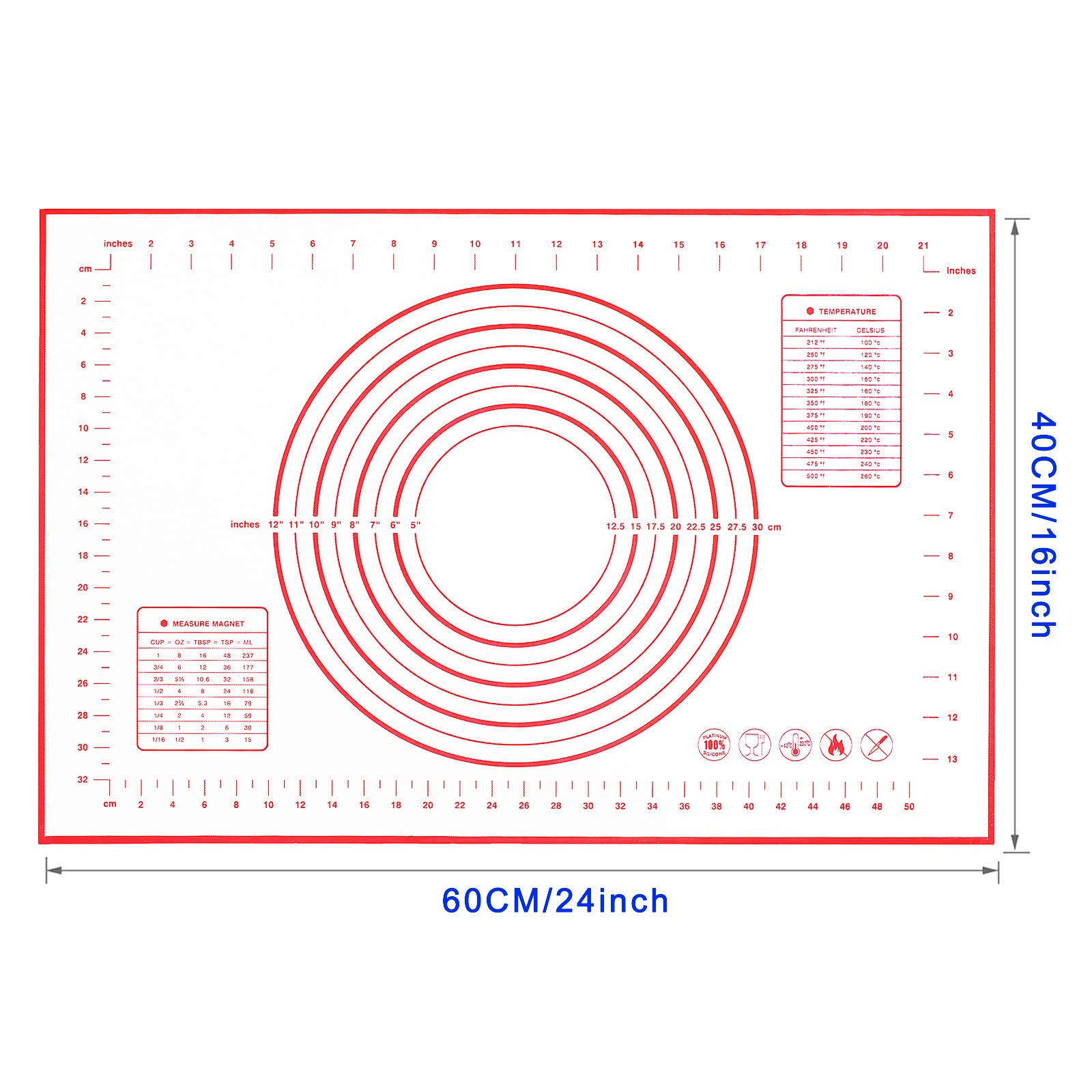 BESORICH Silicone Baking Mat 100% Non-Slip with Measurement Counter Mats, Dough Rolling Mat, Pie Crust Mat 16 x 24 Inches - Red