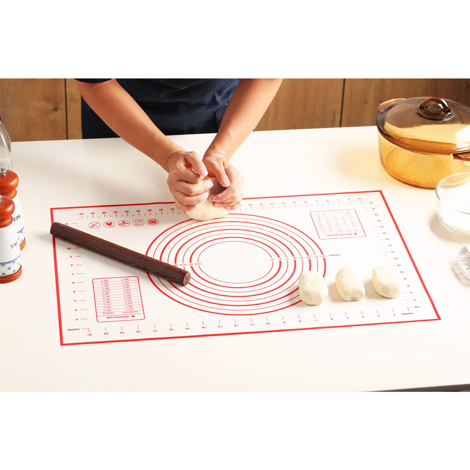 BESORICH Silicone Baking Mat 100% Non-Slip with Measurement Counter Mats, Dough Rolling Mat, Pie Crust Mat 16 x 24 Inches - Red