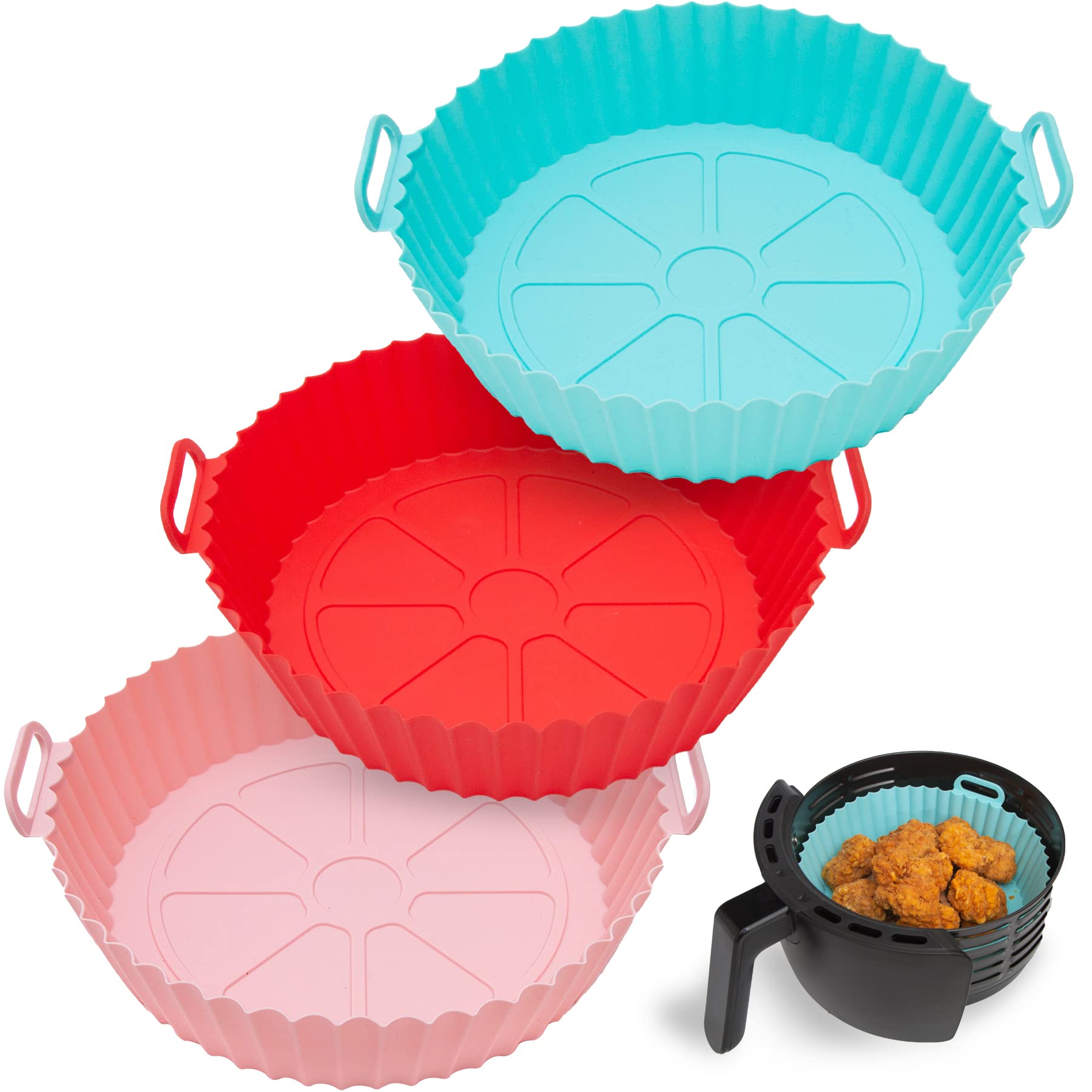 3 Pack Silicone Air Fryer Liners, Reusable Round Liners for 4-7 Qt Air Fryers, Heat Resistant, Food Safe Oven Accessories with Easy Cleaning, Replace Flammable Parchment Paper, 8 Inch Baking Pots