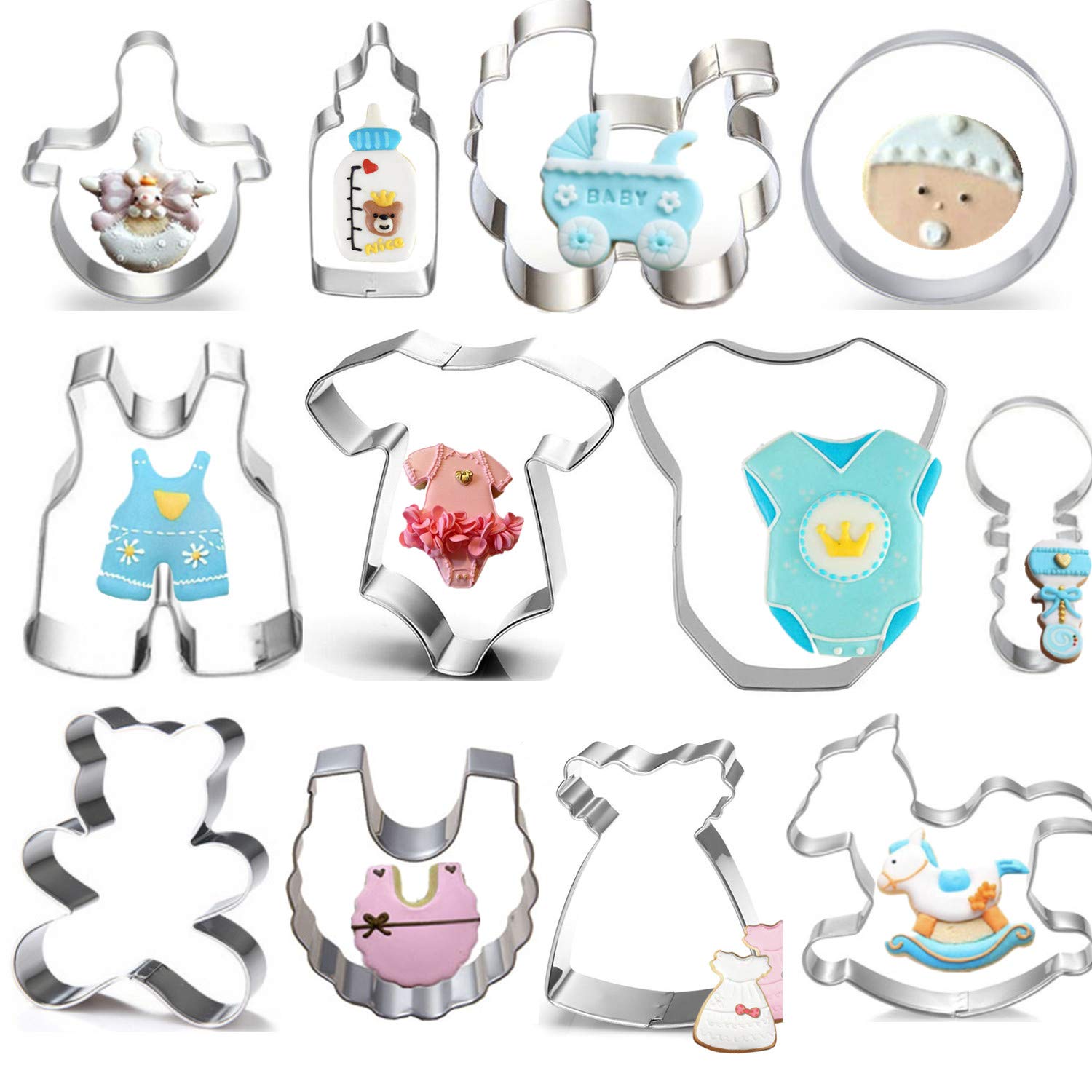 HiHITAOO Shaped Cookie Cutter Set 12 Piece Cookie Cutters for Kids Teddy Bear,Onesies,Bib,Rattle,Bottle,Baby Carriage,Rocking Horse Fondant/Biscuit Cutters