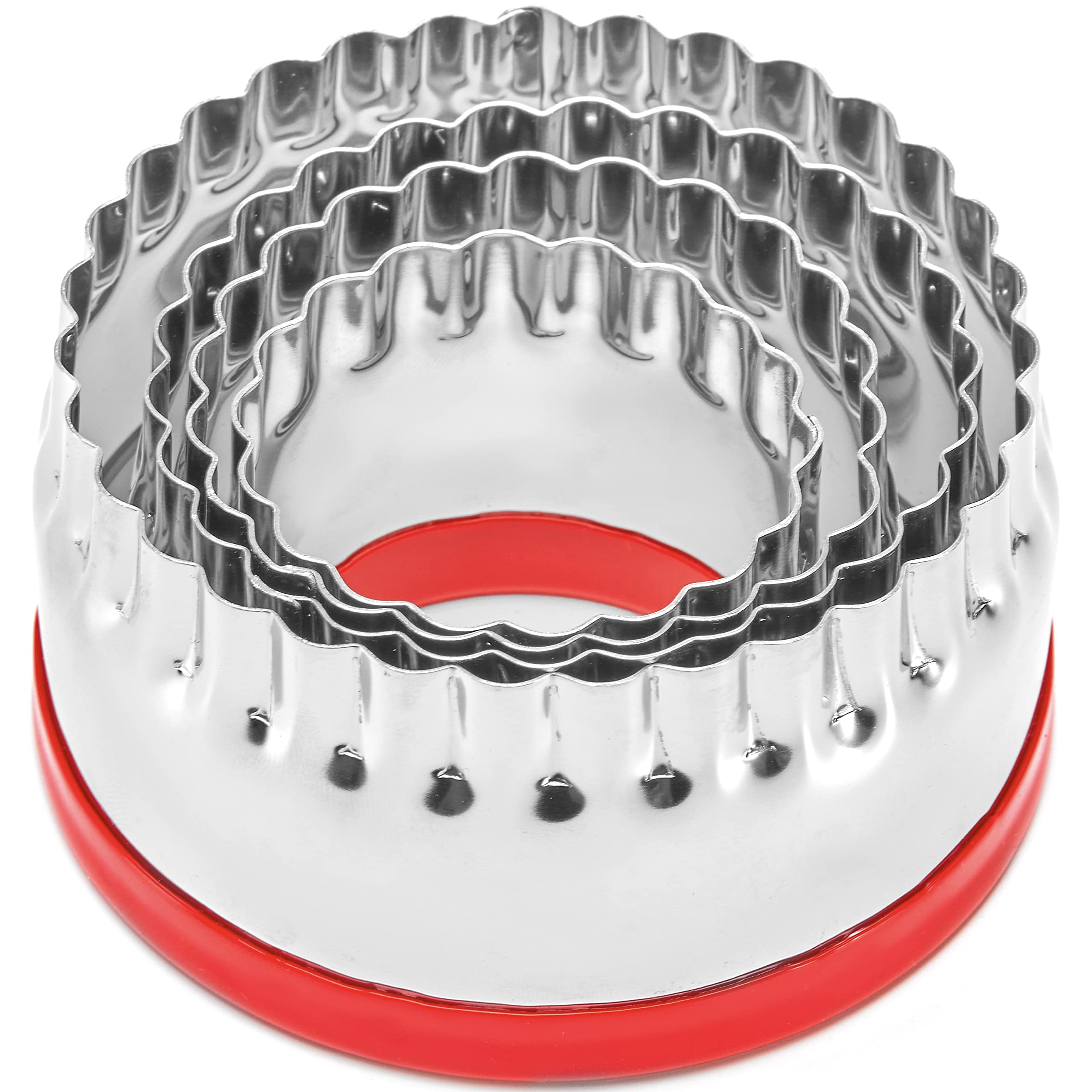 COOKIEQUE 4-Pieces Fluted Round Cookie Cutters, Metal Circle Biscuit Cutters Set, Wave Cookies Cutter with Fluted Edge, Unique Design with Protective Red Top PVC