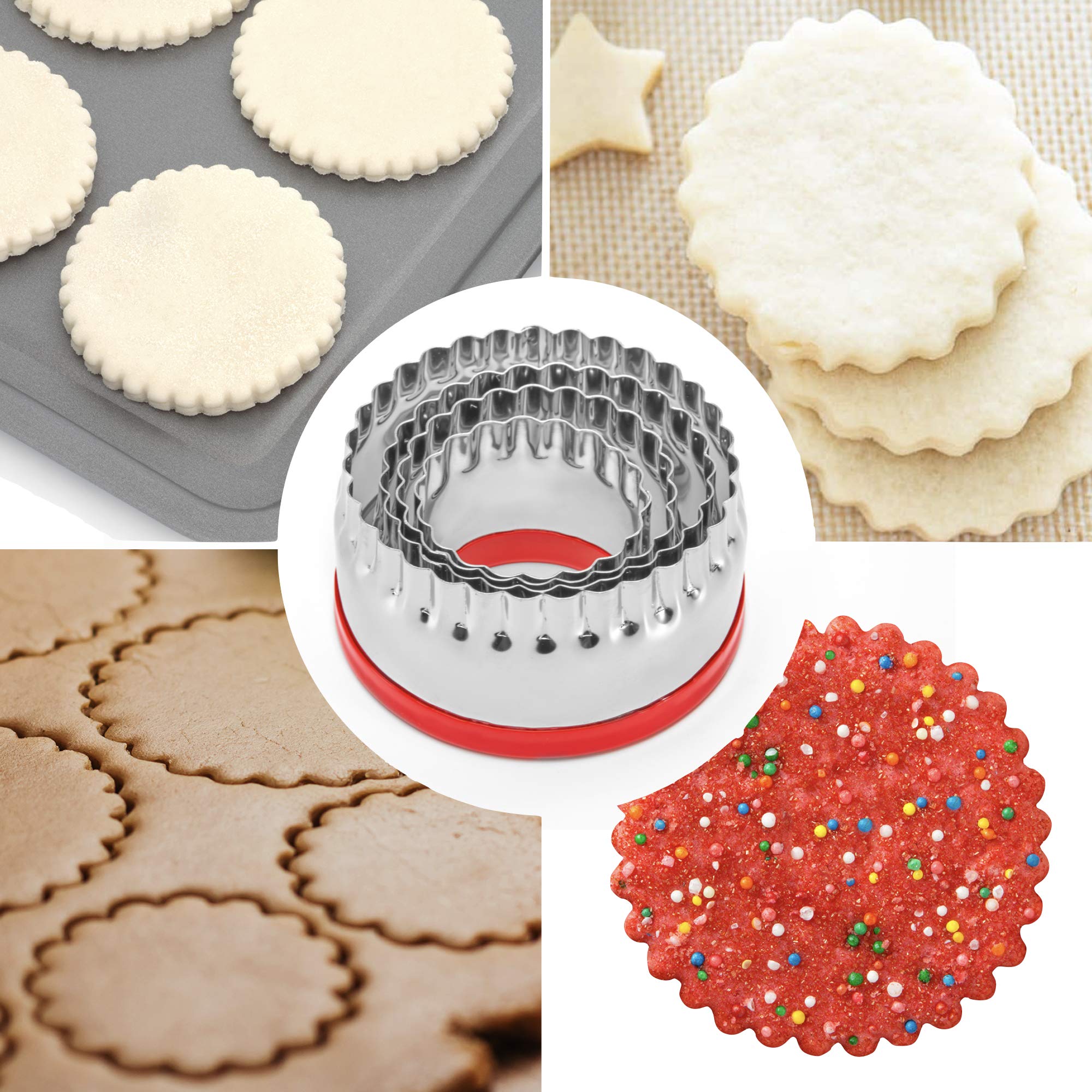 COOKIEQUE 4-Pieces Fluted Round Cookie Cutters, Metal Circle Biscuit Cutters Set, Wave Cookies Cutter with Fluted Edge, Unique Design with Protective Red Top PVC