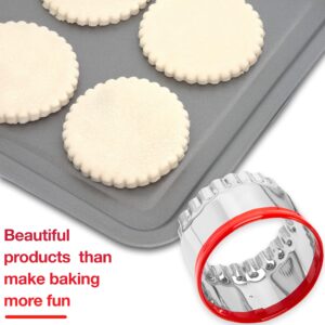 COOKIEQUE 4-Pieces Fluted Round Cookie Cutters, Metal Circle Biscuit Cutters Set, Wave Cookies Cutter with Fluted Edge, Unique Design with Protective Red Top PVC