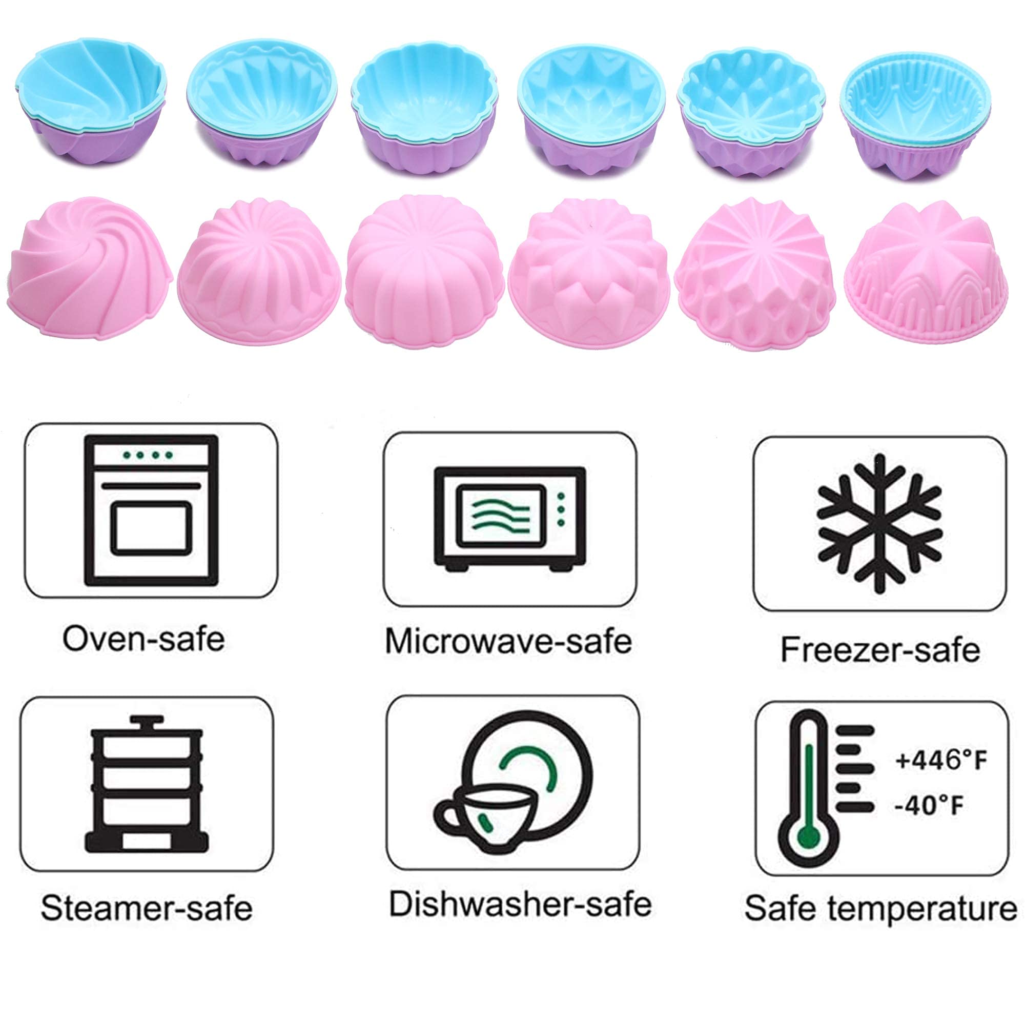 To encounter Silicone Cupcake Baking Cups, Food Grade Non-Stick Silicone Muffin Liners, Reusable 3 Inch Silicone Molds, 6 Shapes Pack of 24