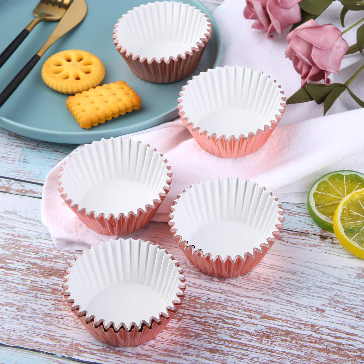 URATOT 100 Pieces Foil Metallic Cupcake Liners Muffin Wrappers Foil Baking Cups Muffin Paper Cases, Rose Gold