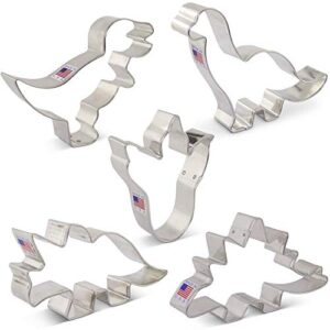 Dinosaur Cookie Cutters 5-Pc Set Made in USA by Ann Clark, Triceratops, Stegosaurus, T-Rex, Brontosaurus, Dino Footprint