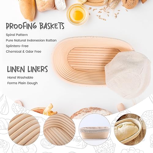 DOYOLLA Bread Proofing Baskets Set of 2, 10 inch Oval & 8.5 inch Round Dough Proofing Bowls w/Liners Perfect for Sourdough Bread Baking, Bakers Baking, Gifts for Bakers, Bread Making Kit