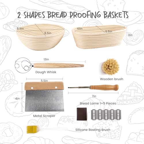 DOYOLLA Bread Proofing Baskets Set of 2, 10 inch Oval & 8.5 inch Round Dough Proofing Bowls w/Liners Perfect for Sourdough Bread Baking, Bakers Baking, Gifts for Bakers, Bread Making Kit